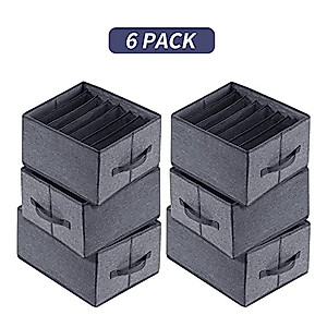 BIGLUFU 6 Packs Wardrobe Clothes Organizer for Folded Clothes, 7 Grids Foldable Dresser Closet Organizers and Storage, Drawer Organizers for Clothing with Handles for Jeans, Sweater, Dress, Grey