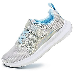 Toandon Girls Kids Sneakers Glitter Shoes Toddler Breathable Lightweight Elastic Band Athletic Running Walking Sparkle Glimmer Fashion Outdoor Child Strap Closure Sliver Blue Size 2
