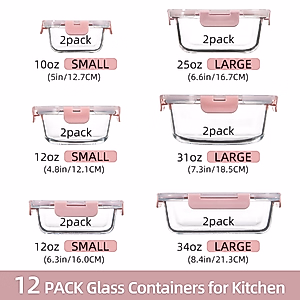 UMI UMIZILI 12 Pack Pink Glass Food Storage Containers with Lids, Airtight Meal Prep Lunch Containers with Snap Locking Lids Leakage-proof, Multi Sizes Glass Container Set for Any Occassions
