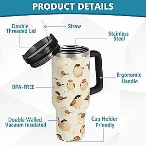 linqin Little Birds Beige Vacuum Insulated Tumbler with Straw Leak Resistant Flip 30 oz Kids Water Bottles Wide Mouth Coffee Mug Travel for Home, Office or Car