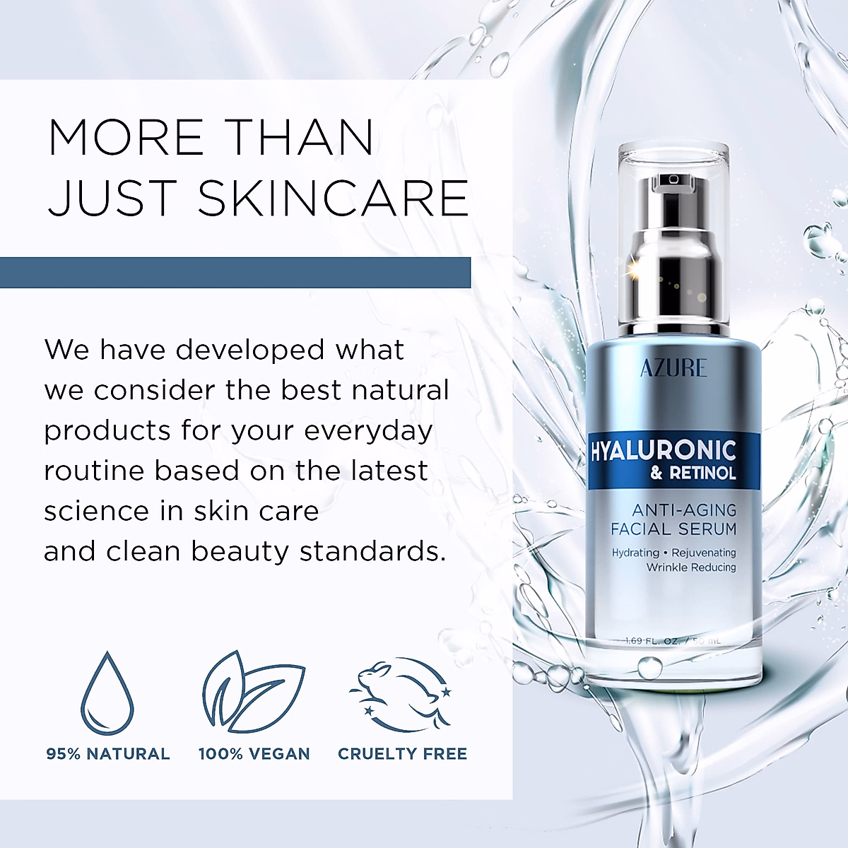 Azure Cosmetics Dermatologist Tested Hyaluronic & Retinol Face Serum - K Beauty Anti-Aging Formula for Dark Spots & Wrinkle Care - Korean Skincare, Moisturizing Complex for Glowing Skin - 1.69 fl oz