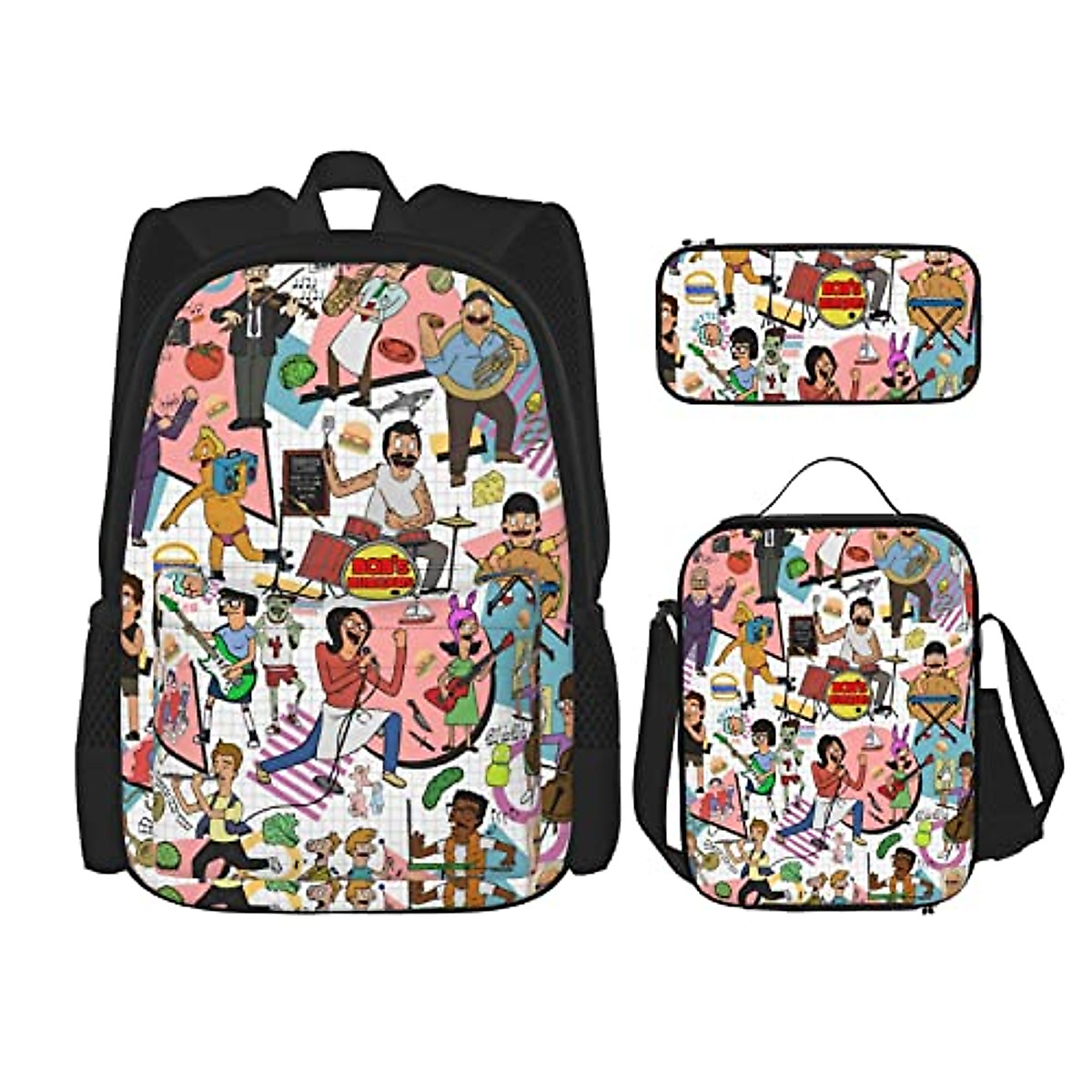 ORPJXIO Backpack 3 Piece Set Bob's Anime Burgers Laptop Backpack Pencil Case Lunch Bag Combination For Travel Work Camping