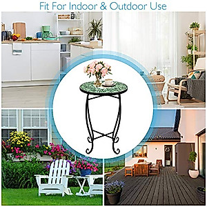 GRAFFY Outdoor Mosaic Side Table, 14 Inch Patio End Table, Round Printed Glass Table with Steel Frame for Garden/Yard/Lawn/Balcony and Home Decor Small End Table (Green)