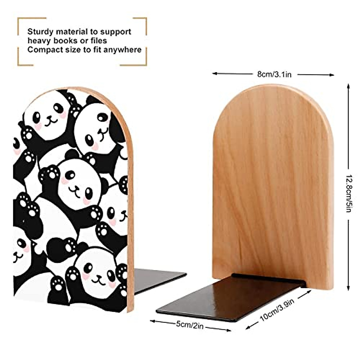 Cute Pandas Wood Book Ends for Shelves Non-Skid Bookend Book Stand Book Holder Stopper for Home Office School