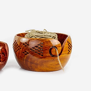 Premium Rosewood Crafted Yarn Storage Bowls with Decorative Carved Handmade Grills - Knitting & Crochet Accessories Supplies (Set)