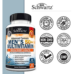 Once Daily Multivitamin for Men 50 and Over - Supplement for Heart Health Support - with Zinc, A, B, C, D3, E Vitamins - for Memory & Brain Health Support - Designed for Whole Body Health - 60 Count