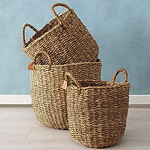 Made by Nature Seagrass Baskets, Round Top Handles, Natural Chunky Sweater Weave, Set of 3, Made by Hand, From Over 1.5 Feet Tall to 1 Feet 2 Inches, Ideal for Storage