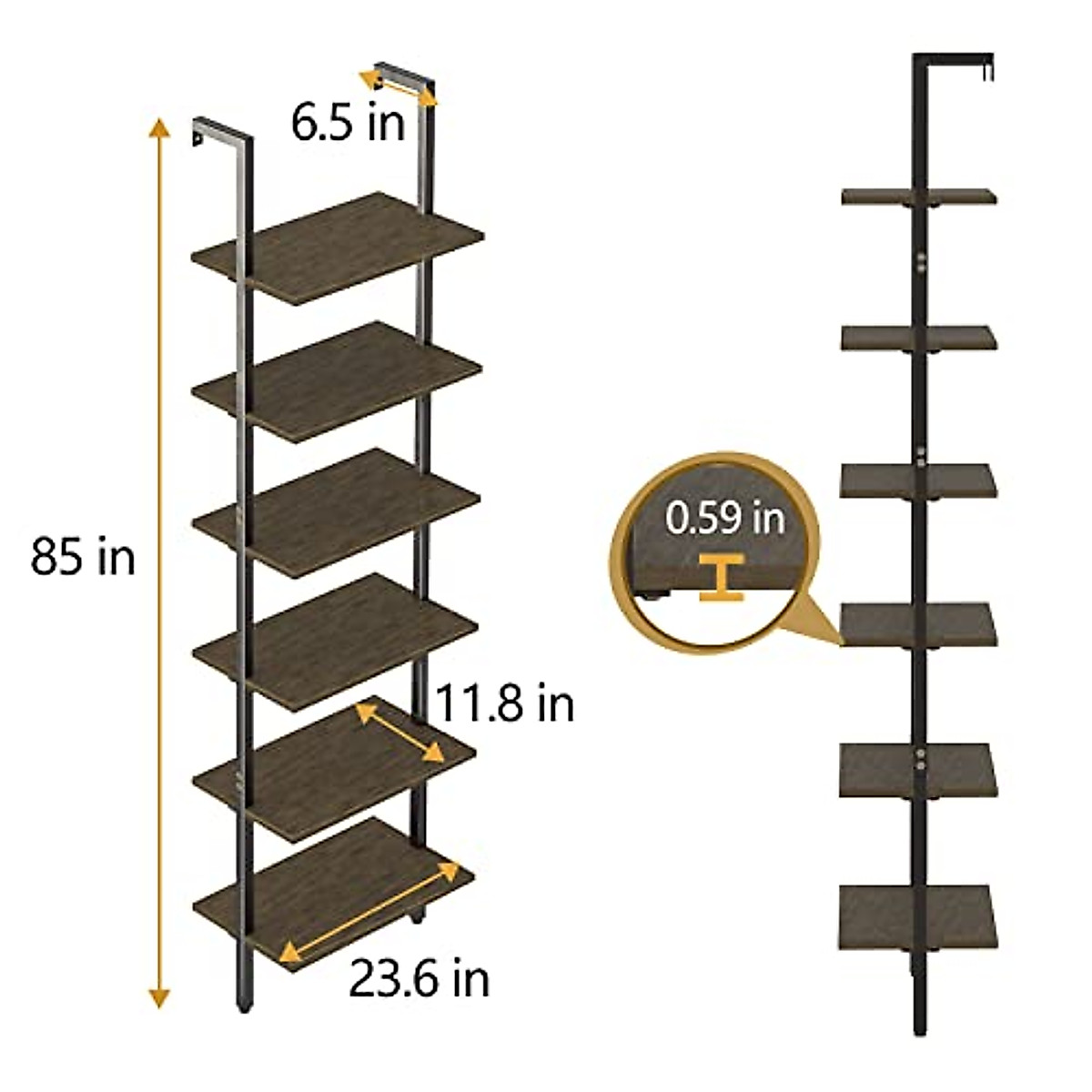 Wolawu Ladder Shelf Black 6 Tiers Modern Bookshelf Room Organizer Open Tall Wall Mount Bookcase Standing Leaning Wall Shelves Industrial Decorative Living Room Bed Room