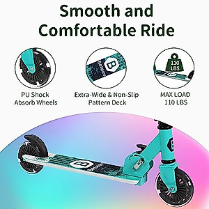 BELEEV Scooters for Kids Ages 3-12 with Light-Up Wheels & Stem & Deck, 2 Wheel Folding Scooter for Girls Boys, 3 Adjustable Height, Non-Slip Pattern Deck, Lightweight Kick Scooter for Children (Aqua)