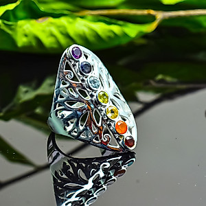 Silver Palace Healing Chakra Gemstone 925 Sterling Silver Long Finger Ring For Women Ring Size 5 to 12