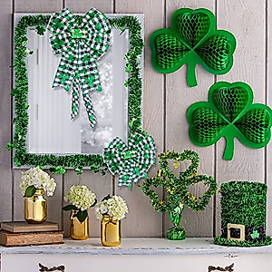 Happy St. Patrick's Day Glitter Lucky Shamrock Checkered Plaid Wired Edge Ribbon Green Clover Fabric Ribbon Ornaments for St. Patrick Decorations Gift Wrapping Party Decorative 2.5"x10 Yard