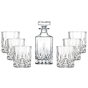 Whiskey Decanter and Tumbler 7 pc Set - Glass - For Whiskey, Liquor, Scotch, Bourbon - 25 oz. Square Decanter with 6-10 oz. Double Old Fashioned Tumblers- By Barski - Made in Europe