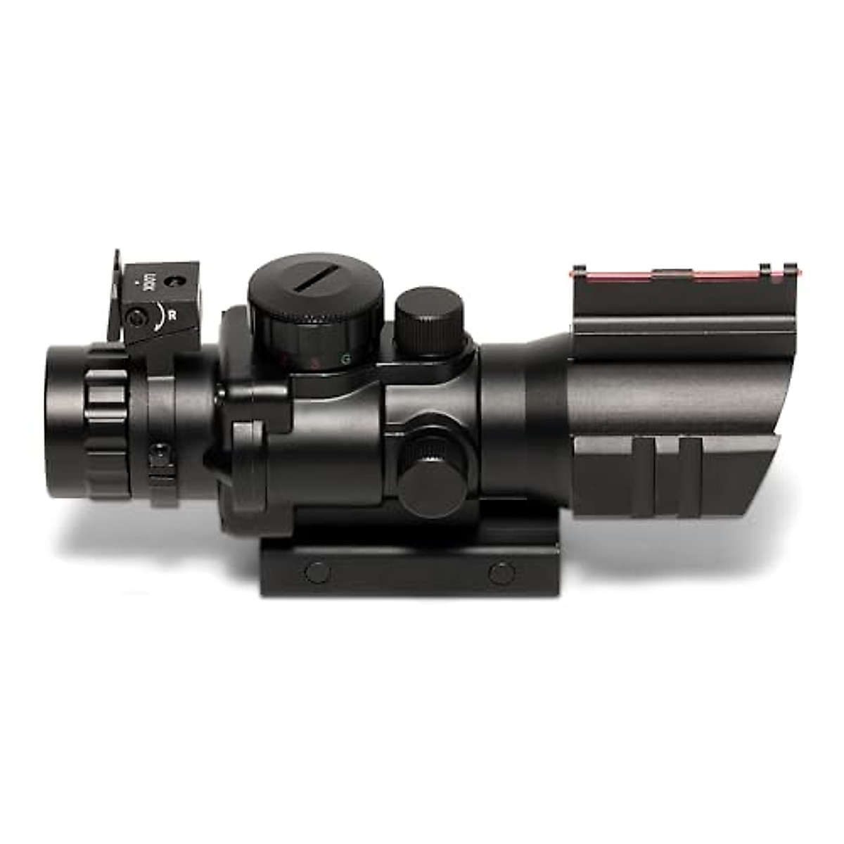 Osprey Global 4X32MDG : 4X 32 Compact Tactical Scope with 3 Color (Red Green or Blue) MIL-Dot Sight and Naturally Illuminated Fiber Optic Iron Sight