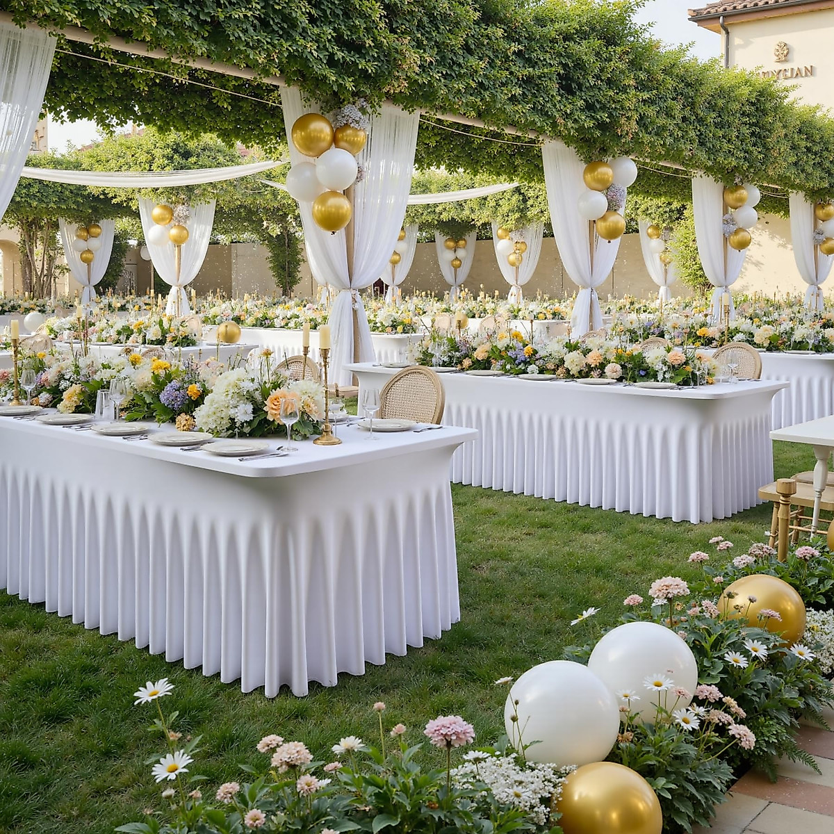 Outpain White Spandex Table Clothes for 8 Foot Rectangle Tables-6Pack 8FT Spandex Fitted Table Cover, Wrinkle Free Tablecloths with Skirt for Parties, Wedding, Birthday, Banquet, Festival