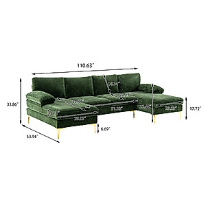 U Shaped Sectional Sofa with Double Extra Wide Chaise Lounge, 110.63" Soft Velvet Upholstery Couches with Solid Wood Frame, Detachable Cover & Armrest and Golden Color Metal Feet, Easy to Install