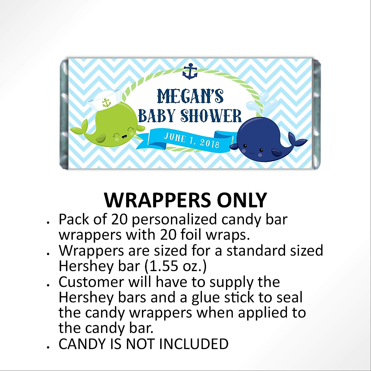 Personalized Candy Wrappers, Whale Baby Shower Favors, Pack of 20 Custom Chocolate Bar Labels