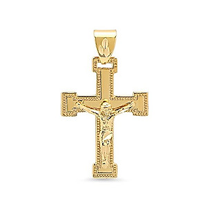 The Bling Factory Large 32mm x 46mm 14k Gold Plated Milgrain Bordered Crucifix Pendant