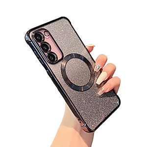ZTOFERA Clear Magnetic Case for Samsung Galaxy S23 Plus 5G with Gradient Glitter Peice(2 in 1), Luxury Plating Cute Transparent Bling Sparke Case for Women Girls,Shockproof TPU Protector Cover-Black