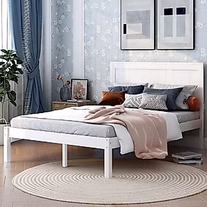 Merax Wood Platform Bed with Headboard, Platform Bed with Wood Slat Support, No Box Spring Needed,Full Size,White