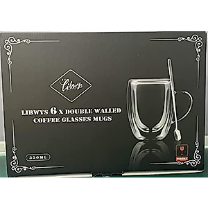 LIBWYS 6 Pack Double Walled Coffee Cups Glasses Mugs, 12oz Espresso Cappuccino Latte Tea Cups with Handle, Heat Resistant Borosilicate Clear Glasses 350ml