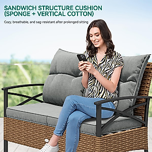 YITAHOME 4-Piece Patio Furniture Wicker Outdoor Bistro Set, All-Weather Rattan Conversation Loveseat Chairs for Backyard, Balcony and Deck with Soft Cushions and Metal Table (Light Brown+Gray)