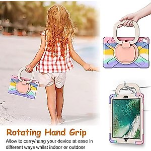 KENOBEE Case for iPad 9.7 6th/5th 2018/2017 / Air 2 / Pro 9.7, 360° Rotating Multi-Functional Handle-Kickstand Shockproof Cover Built-in Screen Protector & Shoulder Strap, Rainbow Pink