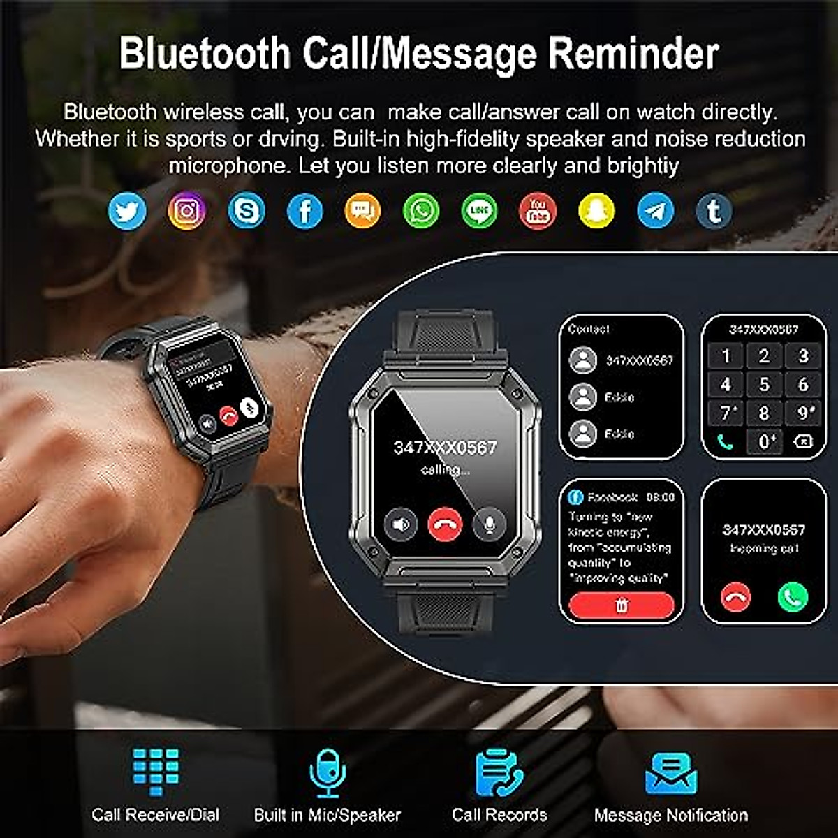 Smart Watch for Men Fitness Tracker: (Make/Answer Call) Bluetooth Military Smartwatch for Android Phones iPhone Waterproof Outdoor Digital Sport Run Tactical Watches Step Counter Heart Rate Monitor