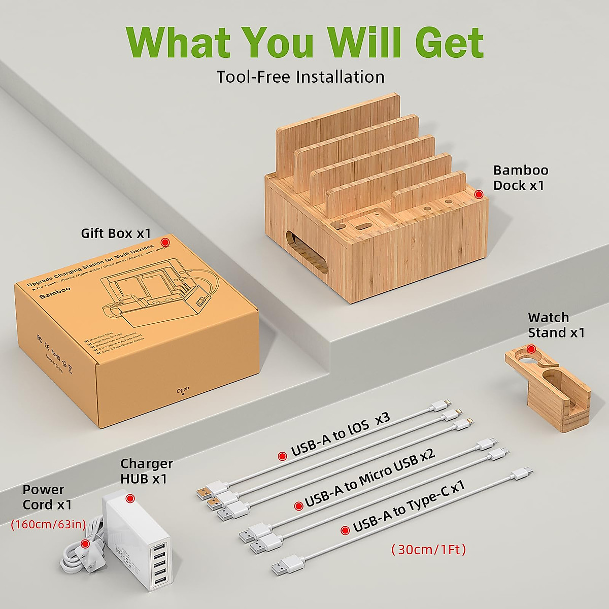 Pezin & Hulin Bamboo Multiple USB Charging Station for Phones and Tablets, All-in-one Organizer Dock for Watch, Earbuds - with 6 Cables, 5 Ports Hub Charger
