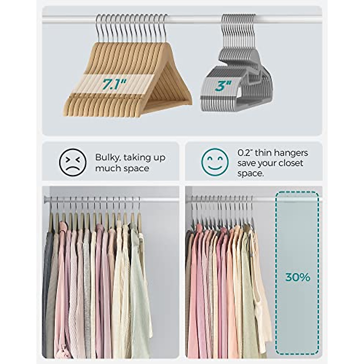 SONGMICS Set of 50 Coat Hangers and 30 Pants Hangers Bundle, Non-Slip Adjustable Metal Clips, Quality Plastic Hangers, Space-Saving, Durable, Pants, Light and Dark Gray, Black UCRP41G-50 and UCRF12B30