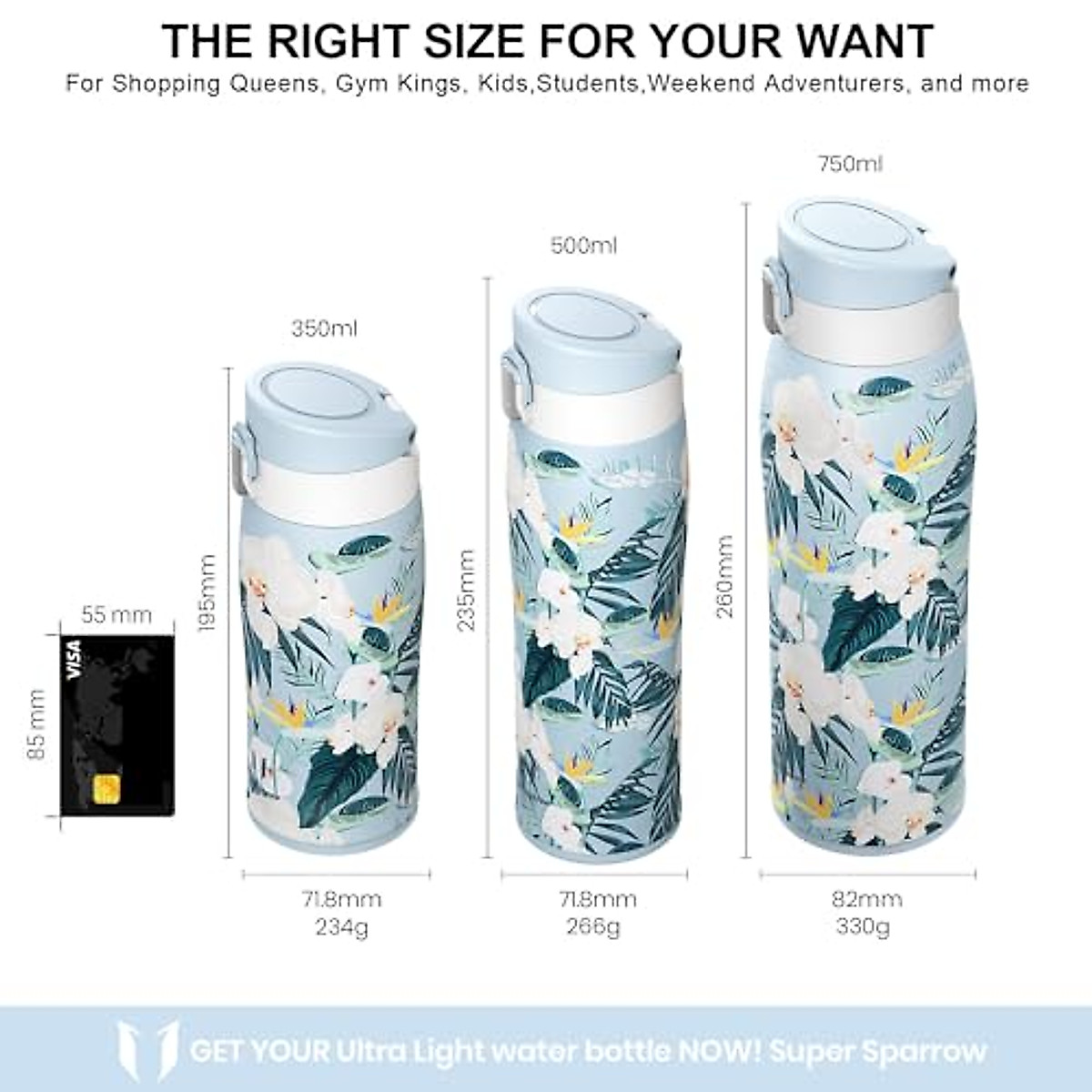 Super Sparrow Insulated Water Bottle Stainless Steel -12oz - BPA-Free Travel Mug - Reusable Kids Water Bottle - Leakproof Metal Flask for Sports, Travel, School