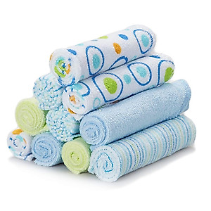 Spasilk Washcloth Wipes Set for Newborn Boys and Girls, Soft Terry Washcloth Set, Pack of 10, Blue Circles