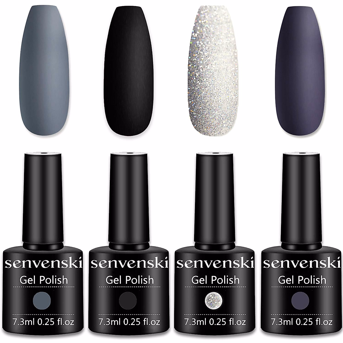 senvenski Grey Black Gel Nail Polish, White Glitter Dark Purple Charcoal Pewter Gel Polish Shimmer Crystal Gift Soak Off Set UV LED Art Varnish (CS010)