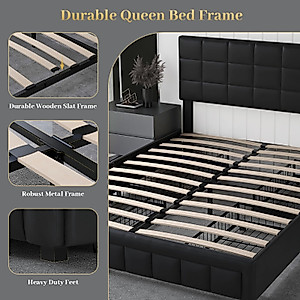 Queen Bed Frame with Storage, Upholstered Bed Frame with 4 Drawers, Adjustable Headboard, Type-C & USB Ports, Wooden Slats, Noise-Free, No Box Spring Needed Easy Assembly Bed Frame with Drawers