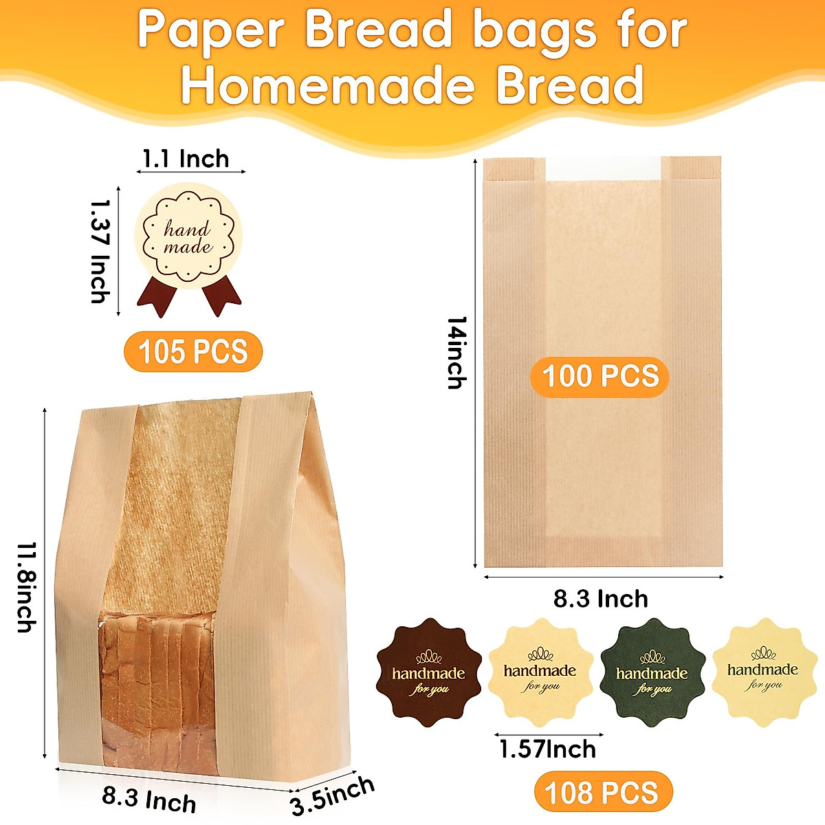 Funcoo 100 Pcs Paper Bread Bags for Home Bread Sourdough Bread Bakery Storage Bags with Window，Large Bakery Bread Loaf Bags for Baked Goods Packaging，Label Seal Sticker Included …