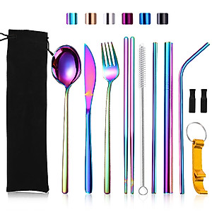 Portable Travel Utensils Set with Case, Stainless Steel Flatware Sets for Lunch Box, Reusable Silverware Set 10 Piece Cutlery Kit Including Fork Knife Spoon Chopsticks Straws (Rainbow)