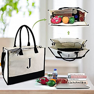 BeeGreen Initial Tote Bags For Women 13oz Canvas Tote Bag with Zipper and Shoulder Strap Embroidery Beach Bag Teacher Tote Bag with Side Pockets Monogrammed Personalized Tote Bags For Mom Mother Her
