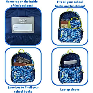 RALME Ocean Blue Camo Shark Backpack Set for Boys, 16 inch, 6 Pieces - Includes Foldable Lunch Bag, Water Bottle, Key Chain, & Pencil Case