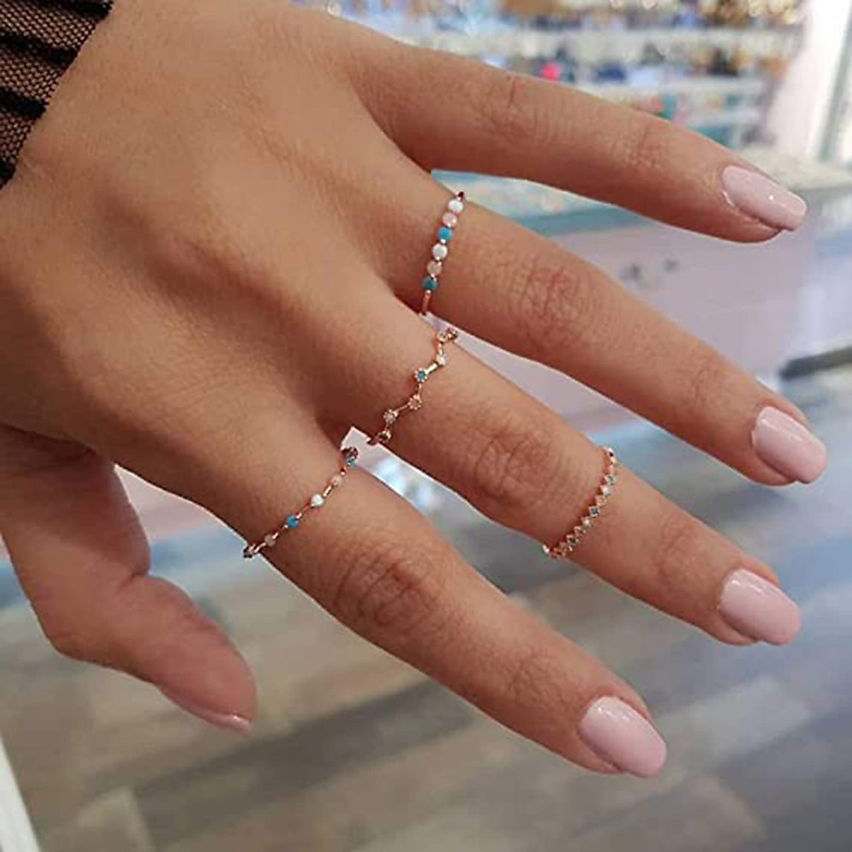 BERYUAN Women Dainty Gold Ring Set Simple Rainbow Colorful Bead Cute Wave Knuckle Ring Set Gift For Her Lovely Ring Set Women And Girls Teens(4Pcs)