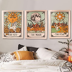 Accnicc 3 Pack Tarot Tapestry, Sun Moon and Star Tarot Card Tapestry, Brown and Beige Tapestry Wall Hanging, Vertical Vintage Aesthetic Wall Tapestry for Room with Steel Grommets (Brown, 20'' × 27'')