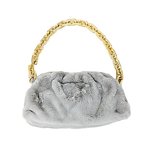 Women’s Dumpling Chain Pouch Bag | Cloud-Shaped Faux Fur Clutch Purse | Aluminum Chain Link Shoulder Ruched Handbag (Medium, Grey)