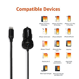 Amazon Basics 12W (5V, 2.4A) Car Charger with Lightning Cable (Straight) for iPhone and Apple Devices, 3 ft, Black/Red