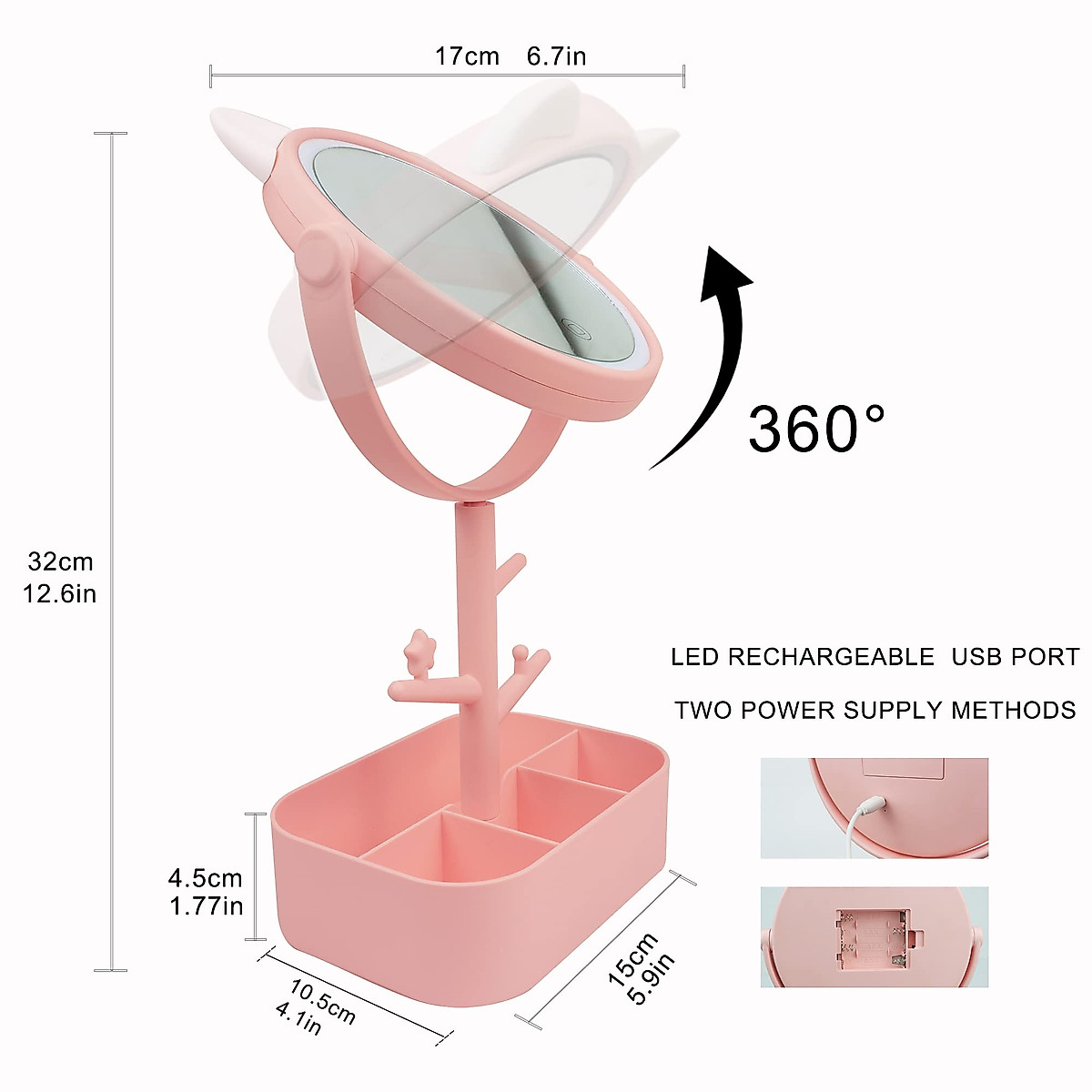 Nonebranded Vanity Mirror with Lights & Desk Mirror Lights Touch-Screen Light Control Portable High Definition Cosmetic Lighted Up Mirror with USB Port in 360 Degree Rotation(Pink)