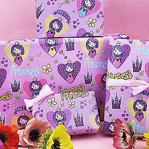 Princess Birthday Wrapping Paper for Girls Kids Baby Child, Lovely Pink Princess Castle Theme Gift Wrapping Paper for Birthday Baby Shower with Pink Ribbon 4 Sheets Folded Flat