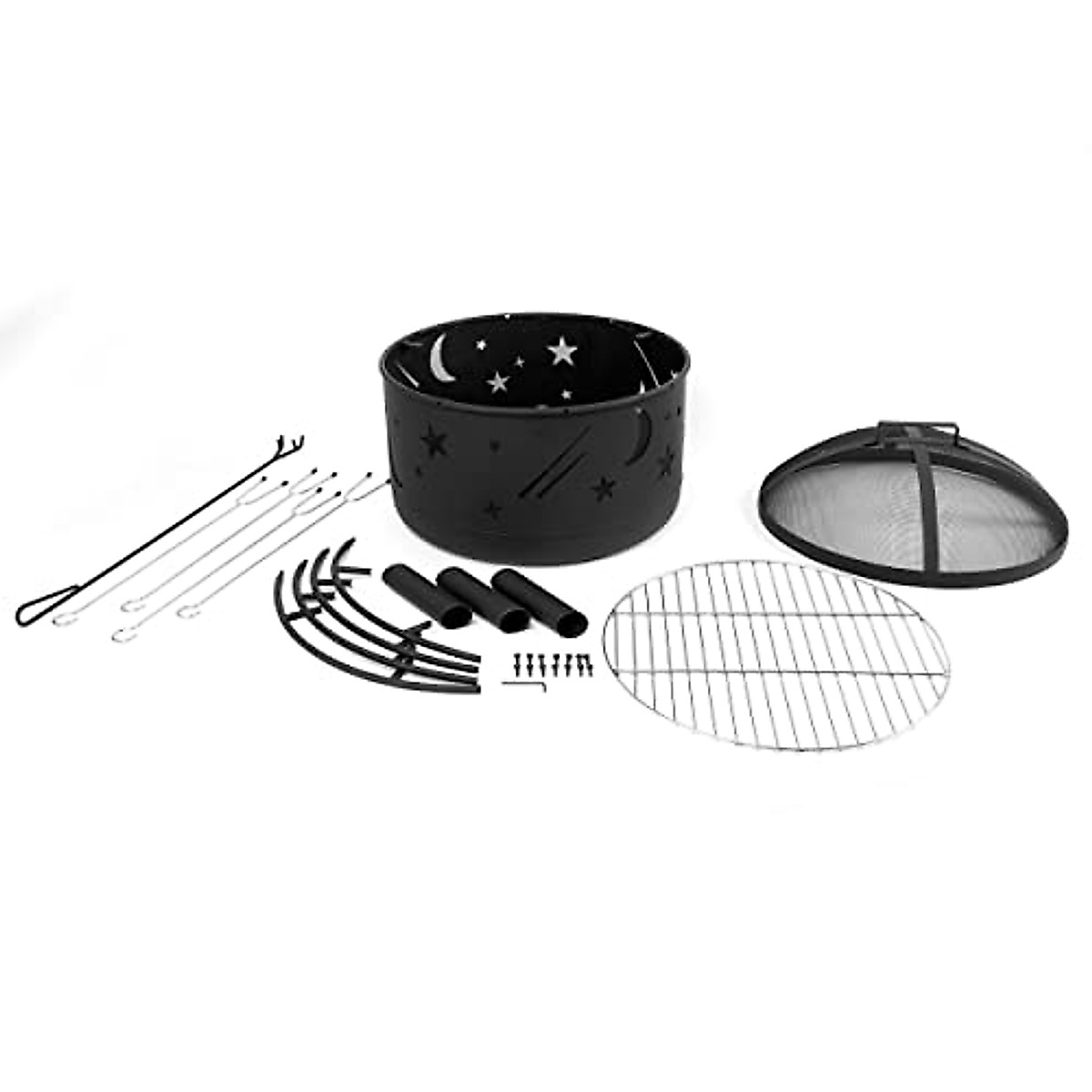 BIRDROCK HOME 30" Round Patio Fire Pit with Cover - Stars & Moon Pattern - 30 - Outdoor Backyard Lawn Garden - Light Weight Metal Fire Ring - 4 Roasting Sticks - Lid Lift Tool and Fire Poker
