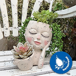ASDFG Face Plant Pot - Double Flower Pots for Indoor Outdoor Plants Resin Head Planter with Drainage Hole Cute Lady Face Plant Pots, Garden Decoration Planters, Medium
