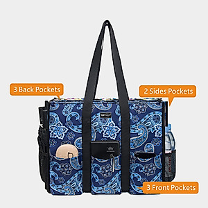 TOPDesign Utility Water Resistant Tote Bag with 13 Exterior & Interior Pockets, Top Zipper Closure & Thick Bottom Support (Blue Bandanna)