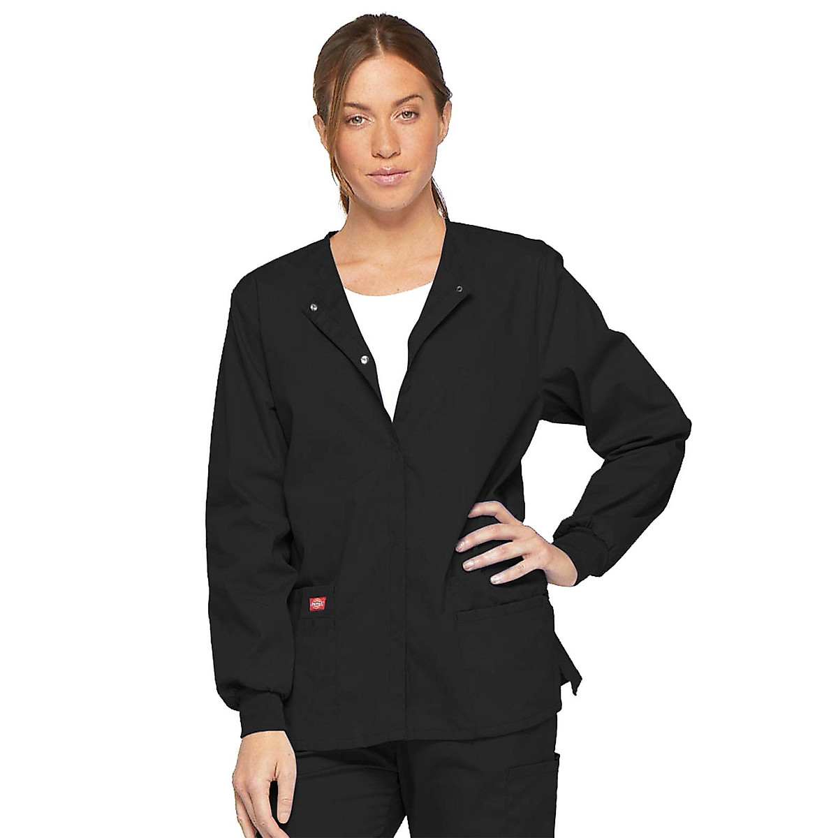 Dickies Women's Plus Size EDS Signature Scrubs Missy Fit Snap Front Warm-Up Jacket, Black, XX-Large