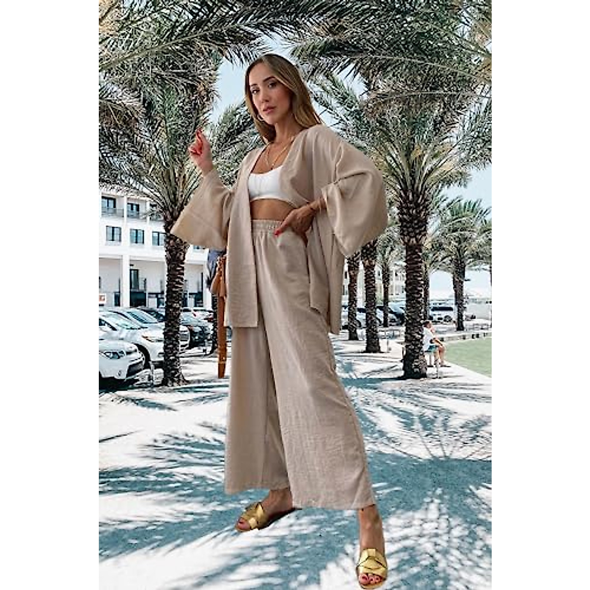 Asskdan Womens 2 Piece Outfits Lounge Sets Linen High Waisted Pants Oversized Cardigan (x_l, Apricot)