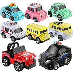 Geyiie Toys Pull Back Vehicles, Car Toy Play Set, Friction Powered Die-cast Small Cars Trucks for Boys Toy Girls Toddler Kids Party Favor Stuffers Fillers Age 3-8