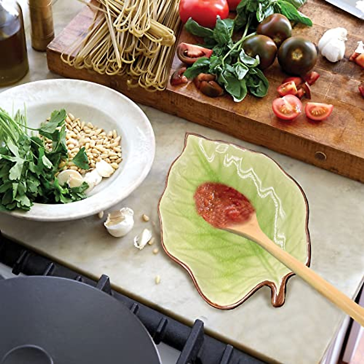 Green Spoon Rest Spoon Holder for Stove Top Kitchen Counter with Wooden Spoon, Farmhouse Decor Leaf Shape Spatula Holder Ceramic, 5.1 W x 7.5 L